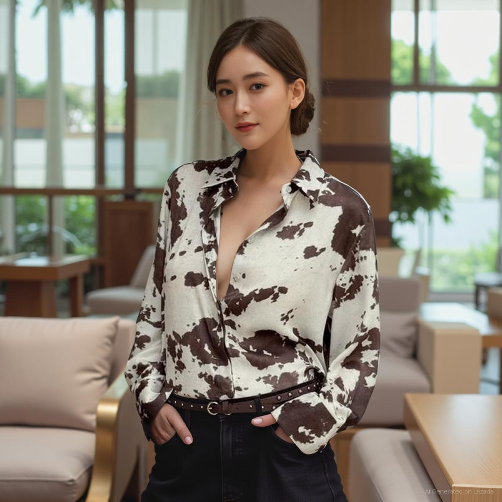 Amelia Holstein Dual-Colour White Brown Satin Long Sleeve Blouse